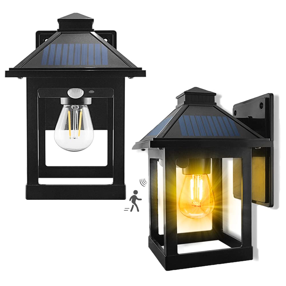Solar Wall Lanterns Light Outdoor with 3 Modes, GEYUEYA 2 Pack Wireless Solar Motion Sensor LED Wall Sconce Lights Waterproof Warm Lighting Porch Light Fixtures for Patio Porch Garden Yard - No Glass