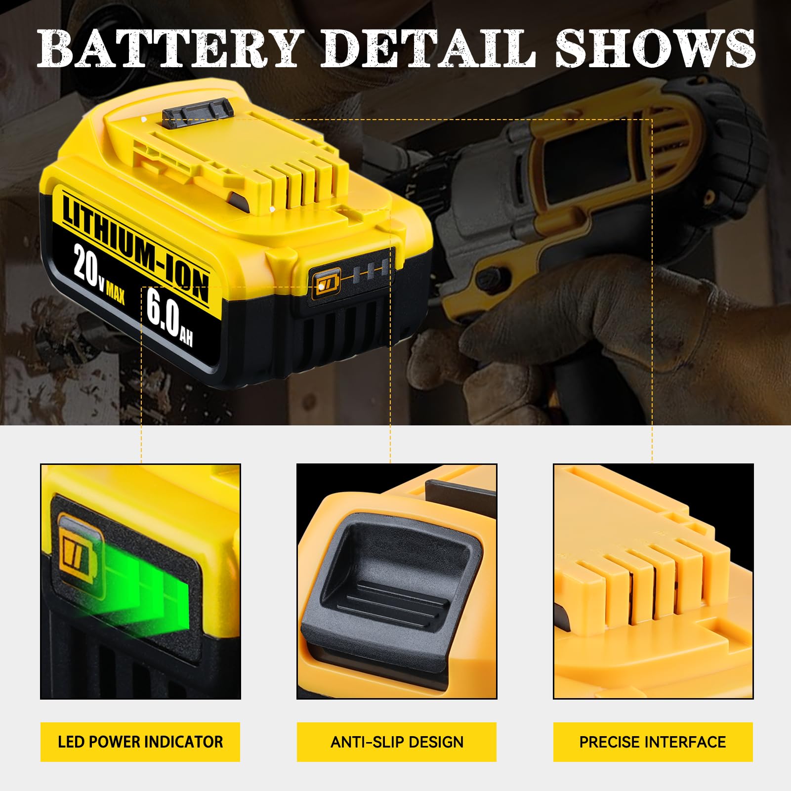 DCB200 6.0Ah 6Pack Battery Replacement for Dewalt 20V Max Battery Lithium Ion Compatible with Dewalt Battery DCB204 DCB206 DCB201 DCB203 DCD DCF DCG Series Cordless Power Tools