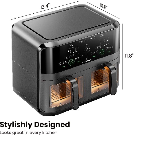 CHEFMAN 6 Quart Dual Basket Air Fryer Oven with Easy View Windows, Sync Finish, Hi-Fry, Auto Shutoff, 2 Independent 3Qt Nonstick Dishwasher Safe Frying Baskets, Digital Double Air Fryer - Black