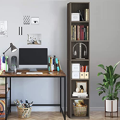 HOFFREE 6-Tier Narrow Bookcase Tall Wood Bookshelf Cabinet Cube Organizer Book Shelves Display Storage Shelves Rack for Small Spaces Home Office Living Room - Oak