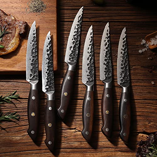 KONOLL Steak Knives Set of 6 Steaks Knife Serrated Blade Forged Handmade German High Carbon Steel with Full Tang Wood Handle