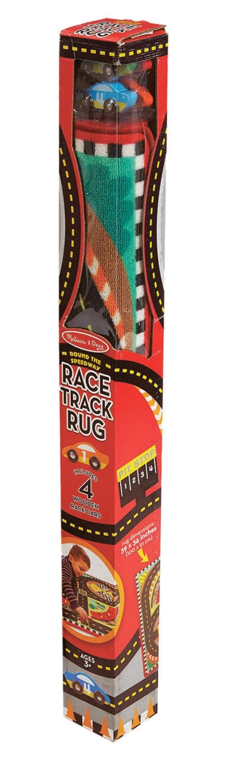 Melissa & Doug Round the Speedway Race Track Rug With 4 Race Cars (39 x 36 inches) , Black