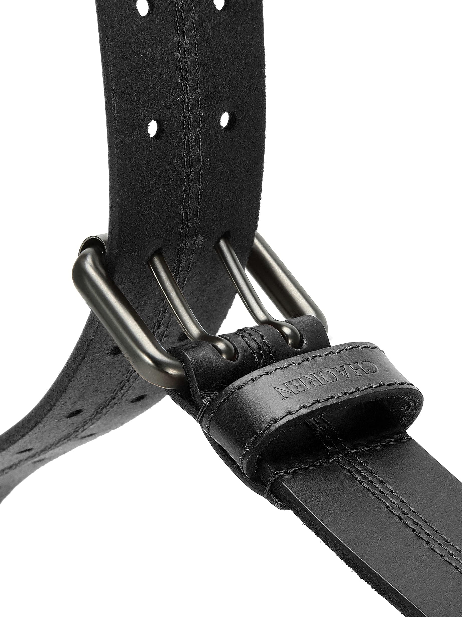 CHAOREN Black Leather Belt - 38mm Double Prong, Handmade and Durable