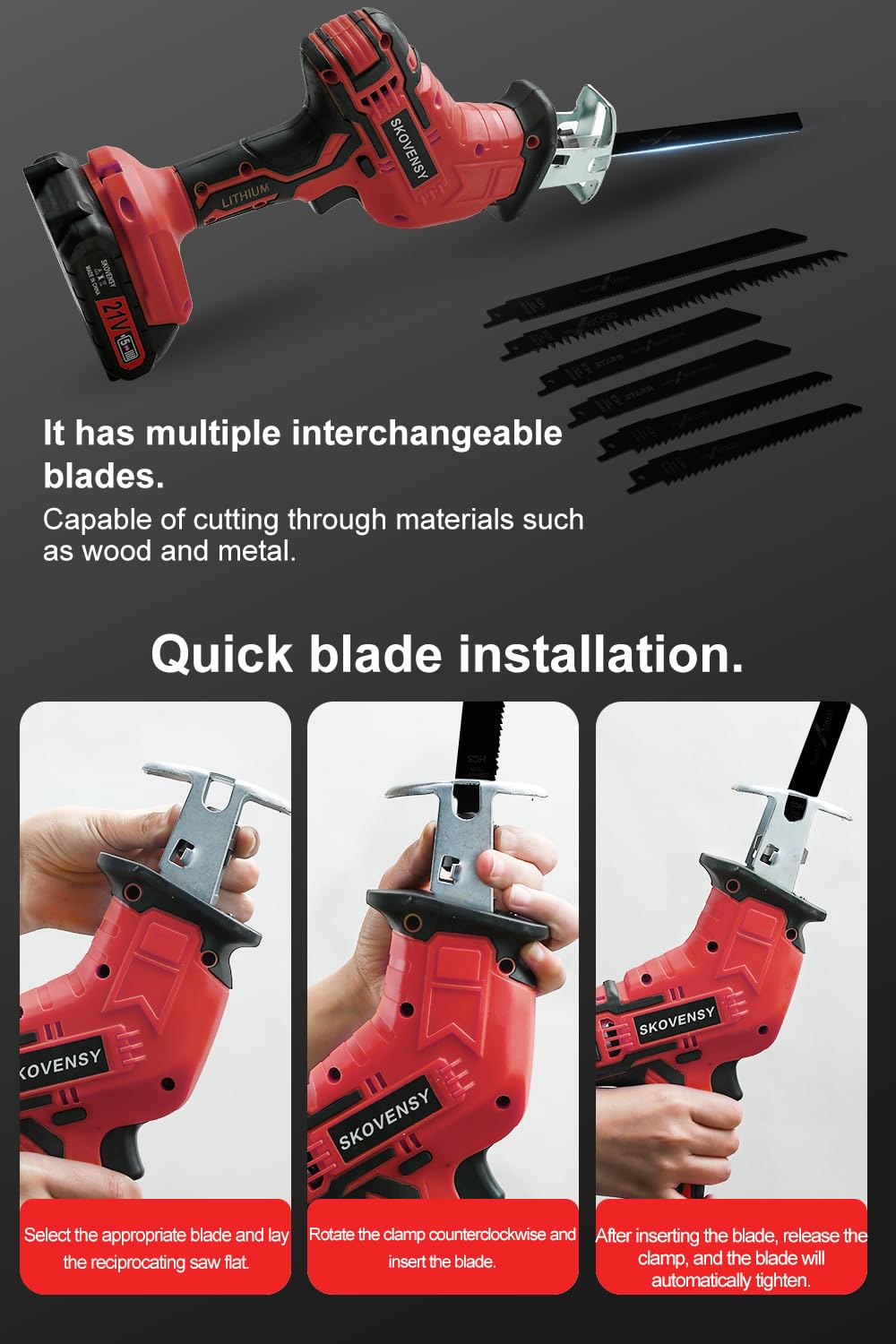 Cordless Reciprocating Saw, 2 x 2.0Ah Battery, Cordless Variable Speed, Blades Kit for Wood/Metal/PVC Cutting MWF-RED