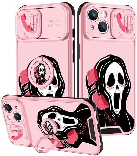 Goocrux (2in1 for iPhone 14 Case Skull Skeleton for Women Girls Cute Girly Phone Cover Cool Funny Gothic Design with Slide Camera Cover+Ring Holder Cases for iPhone14 6.1 inch