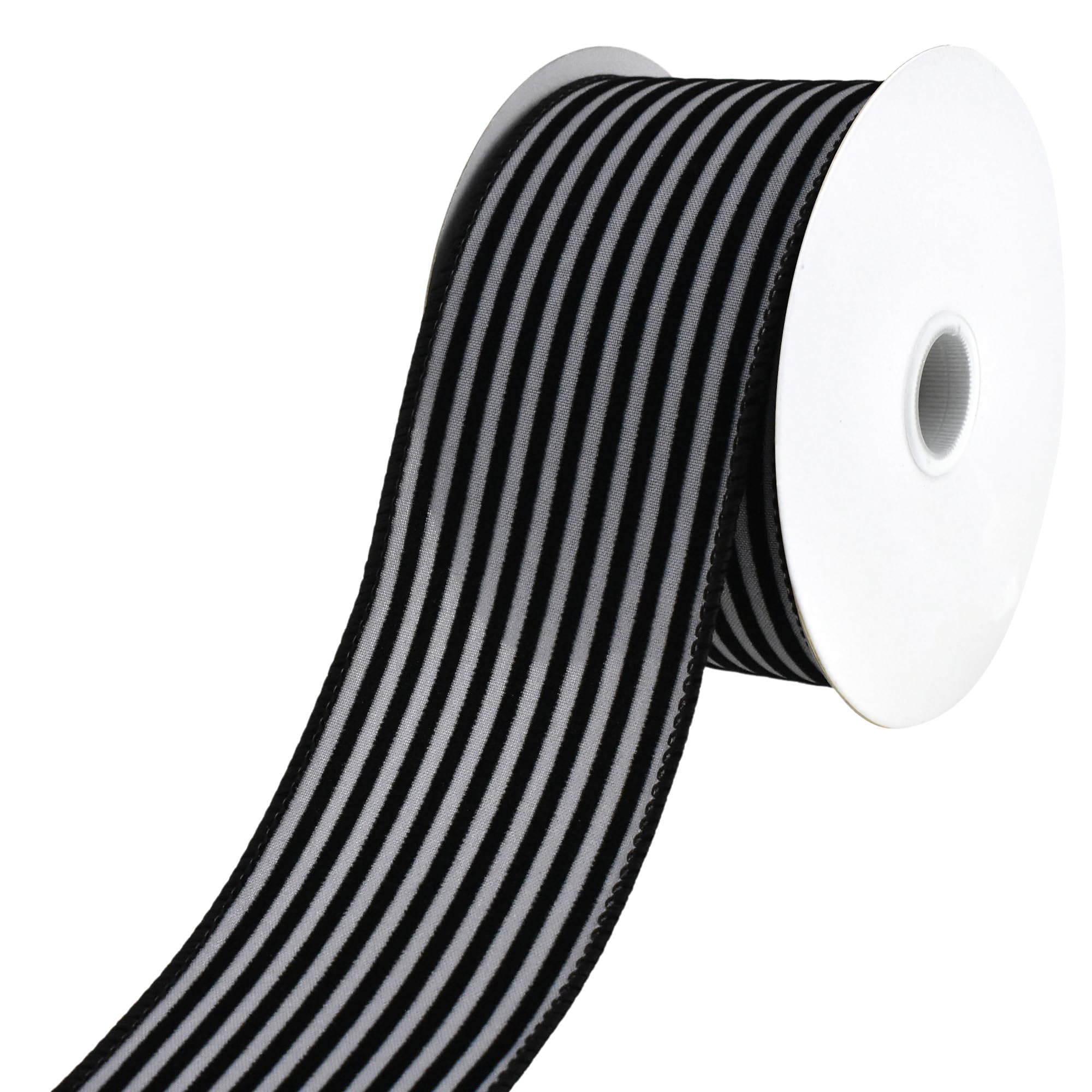 Black Grey Flocked Velvet Cabana Stripes Wired Ribbon, 2-1/2-Inch, 10-Yard Buy from TChoice
