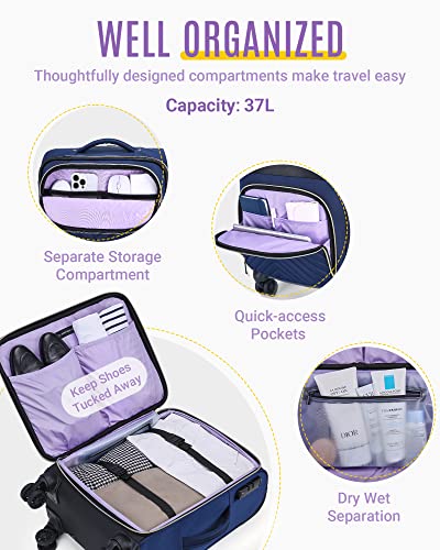 LIGHT FLIGHT Carry On Luggage Airline Approved, Softside Suitcase with Spinner Wheels 20 Inch Small Lightweight Carry-on Luggage with Front Pockets, Women Men Business Travel Blue