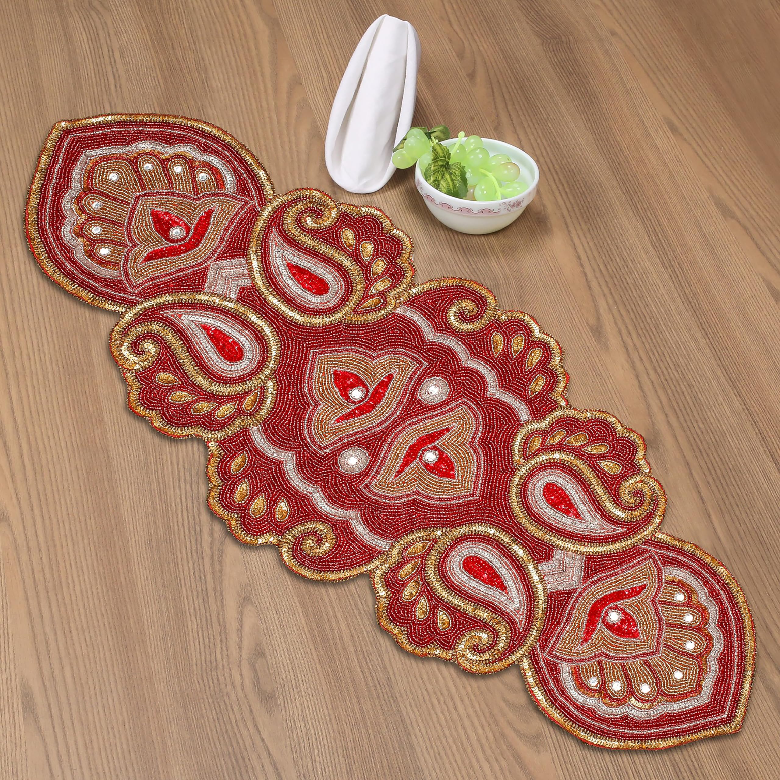 Christmas Red Table Runner, Christmas Beaded Table Runner, Glitz Beaded Table Runner - Table Mat for Harvest Xmas Easter Thanksgiving Wedding Family Party Decoration - 13x36 Paisley - Maroon Gold