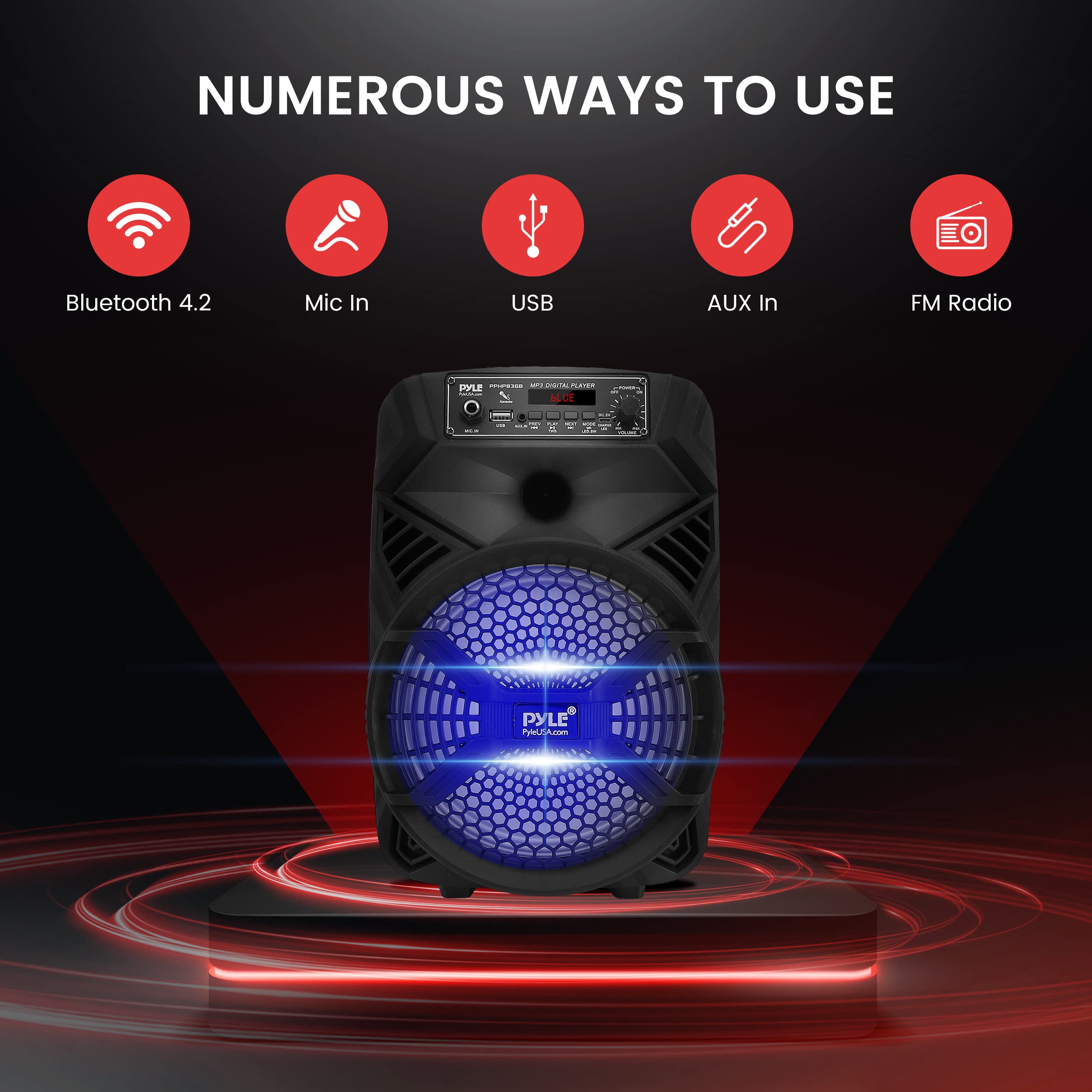 Portable Bluetooth PA Speaker System - 300W Rechargeable Indoor/Outdoor Bluetooth Portable PA System w/ 8β Subwoofer 1β Tweeter, Microphone In, Party Lights, MP3/USB, Radio, Remote - Pyle PPHP836B