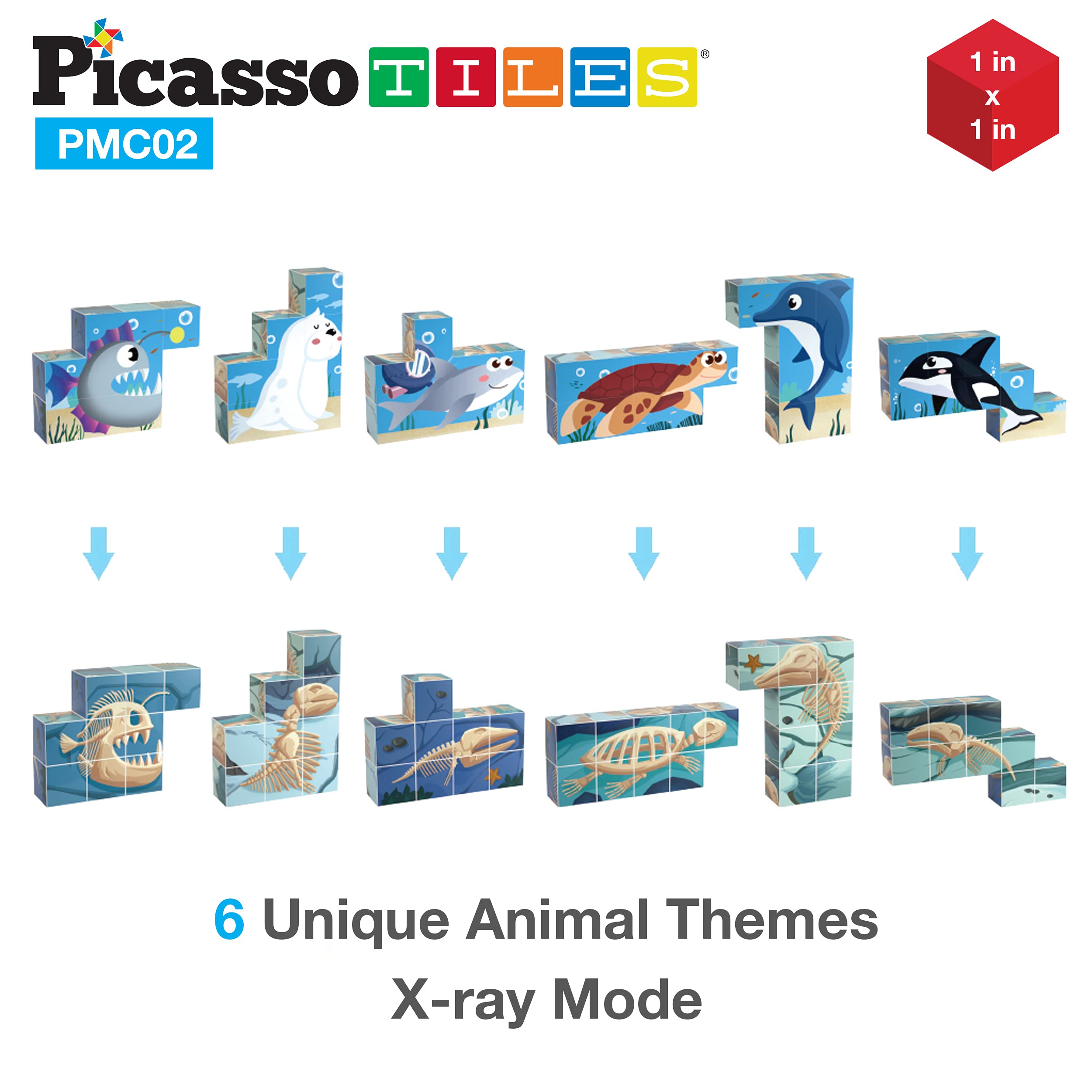 PicassoTiles 1” Magnetic Puzzle Cubes for Kids, 3D Sea Ocean Animal 63pcs Exploration Blocks, Kids Focus Learning & Stacking Toys, STEM Educational Preschool Toddler Classroom Activity, Boys Girls