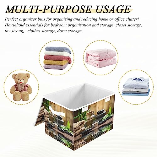 Flradish Zen Basalt Stones on Wood Large Oxford Cloth Foldable Storage with Lid and Handles Toys Clothes Storage Basket for Home Bedroom Closet Office