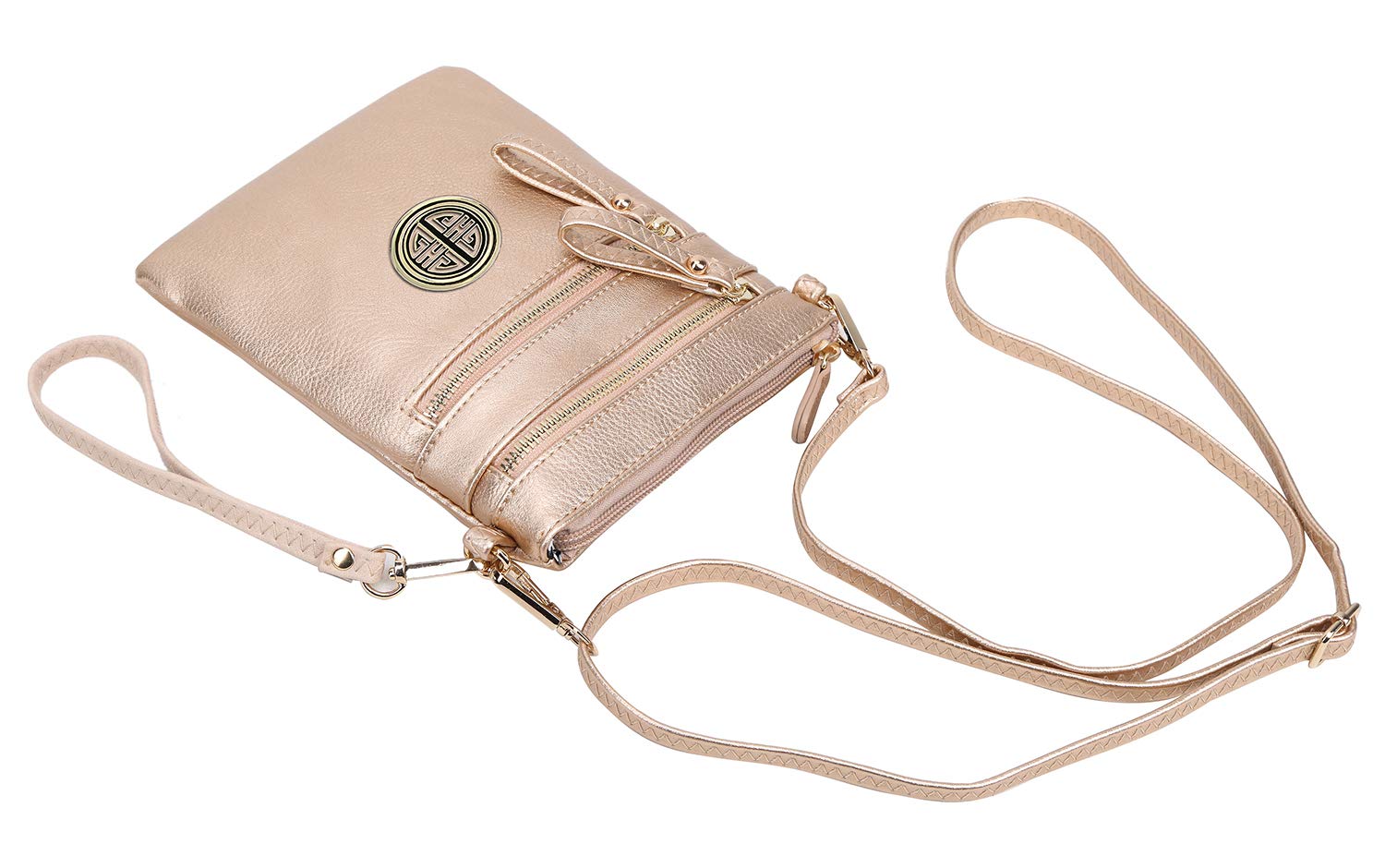 Solene Women's Faux Leather Organizer Multi Zipper Pockets With Detachable Wristlet Crossbody Bag -WU002L (Rose Gold-1)