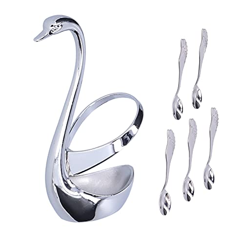 Creative Dinnerware Set, Decorative Swan Base Holder with 5 Forks or 5 Spoons for Coffee, Fruit,Dessert, Zinc Alloy Tableware Mirror Polished Spoon Fork Set (5 Spoons)