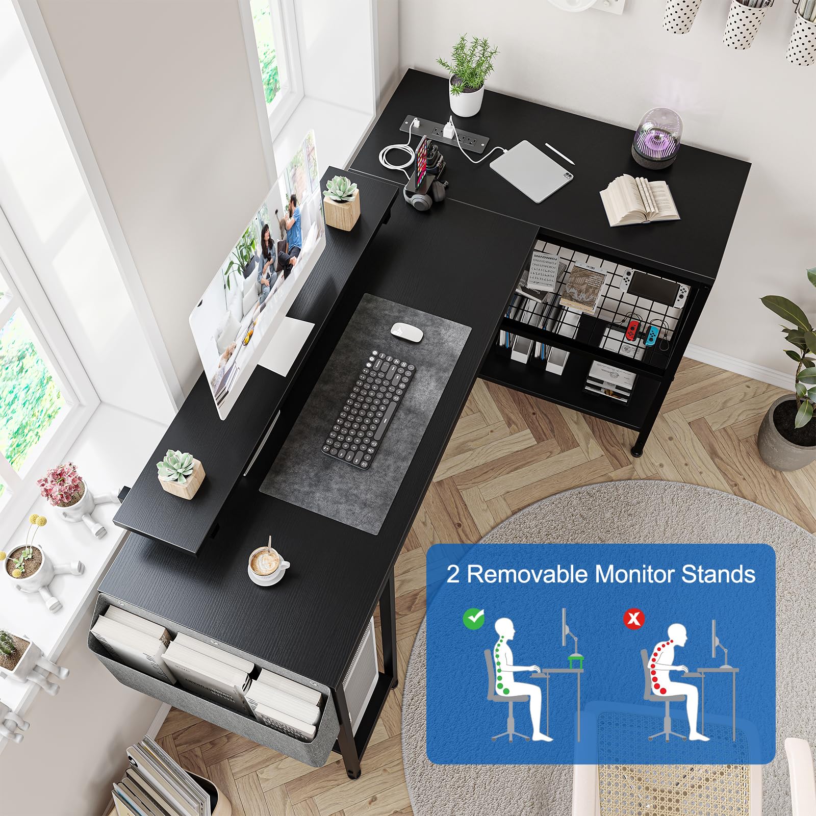ElectraSpeedy 49" L Shaped Desk with Power Outlet & LED Lights, Reversible Corner Computer Desk with Storage Shelves & Monitor Stand, Home Office Desk for Gaming Writing Study (Pink)
