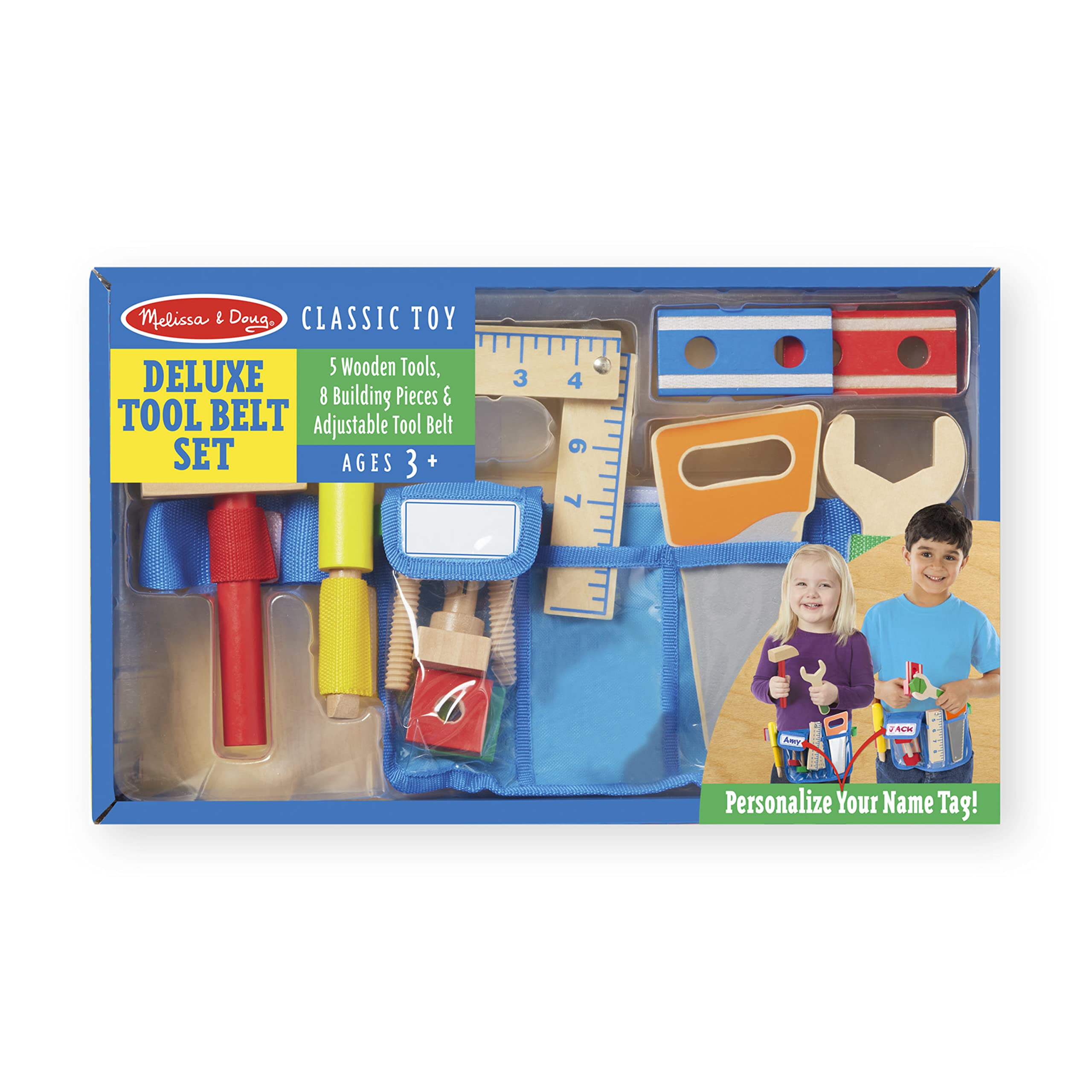 Melissa & Doug Deluxe Tool Belt Set - 5 Wooden Tools, 8 Building Pieces, Adjustable Belt