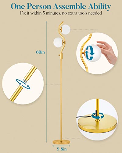 Lightdot Dimmable Globe Floor Lamp, Gold Standing Lamp with 2PCS 3000K G9 Bulbs, Frosted Shades, Industrial Tall Lamps for Bedroom Living Room Mid Century Modern Decor
