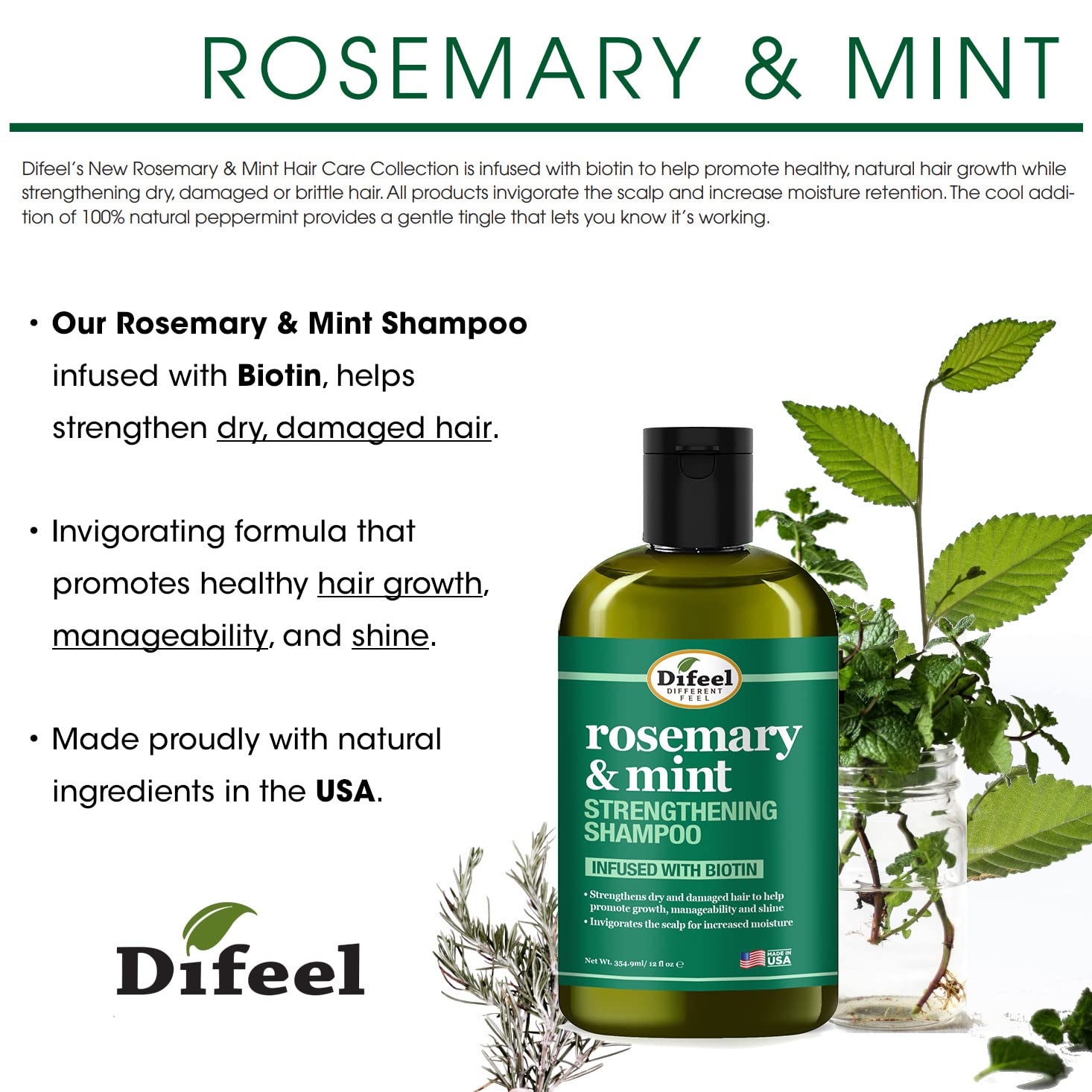 Difeel Rosemary & Mint Biotin Haircare Collection - Shampoo+ Conditioner + Hair Mask (12oz Each), 2.5oz Root Stimulator & 7.1oz Oil
