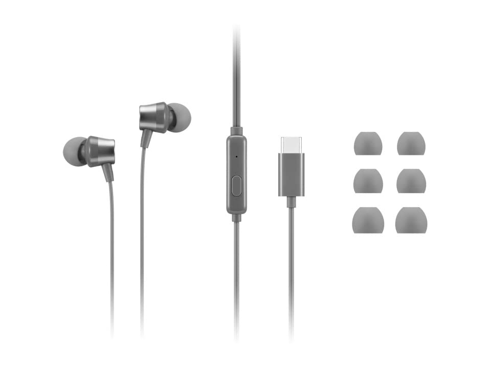 Lenovo - 300 Wired in-Ear USB-C Headphones - in-Line Microphone - USB-C Connectivity - Play & Pause Button - 3 Sizes Silicone Ear Tips Included