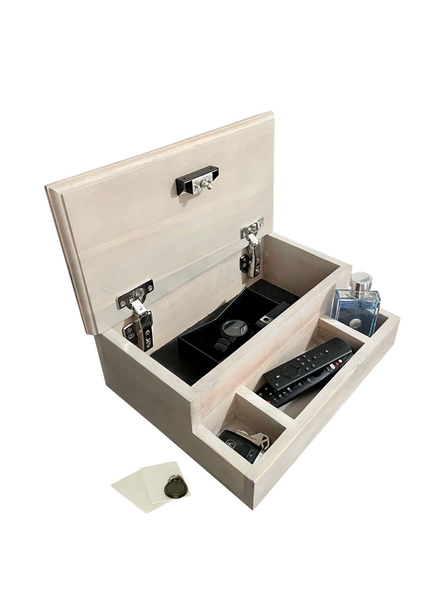 Concealed Catch-All – Concealment Valet Tray Organizer – Jewelry and Watch RFID Lock Box – EDC Tray (Whitewashed Wood)