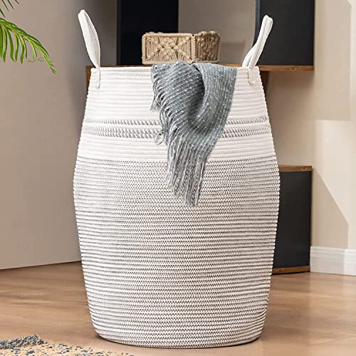 Fiona's magic Extra Large Laundry Hamper Basket, 105L Woven Tall Clothes Hamper with Long Handle for Storage Blanket, Toys and Dirty Cothes in Bedroom and Living Room, Christmas Gift, White