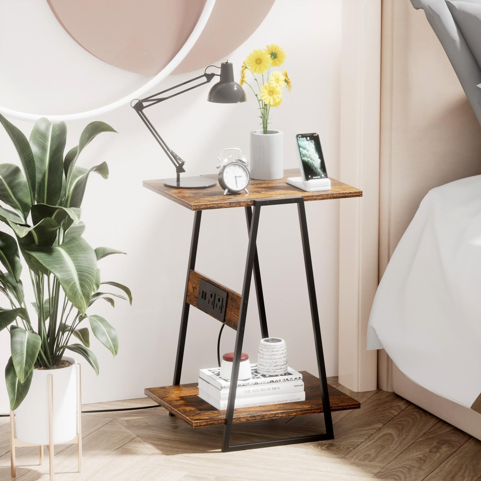 Gannyfer Side Table - 2 Tier Slim End Tables with Storage Shelf, Tall Nightstand for Small Space, Living Room, Bedroom, White