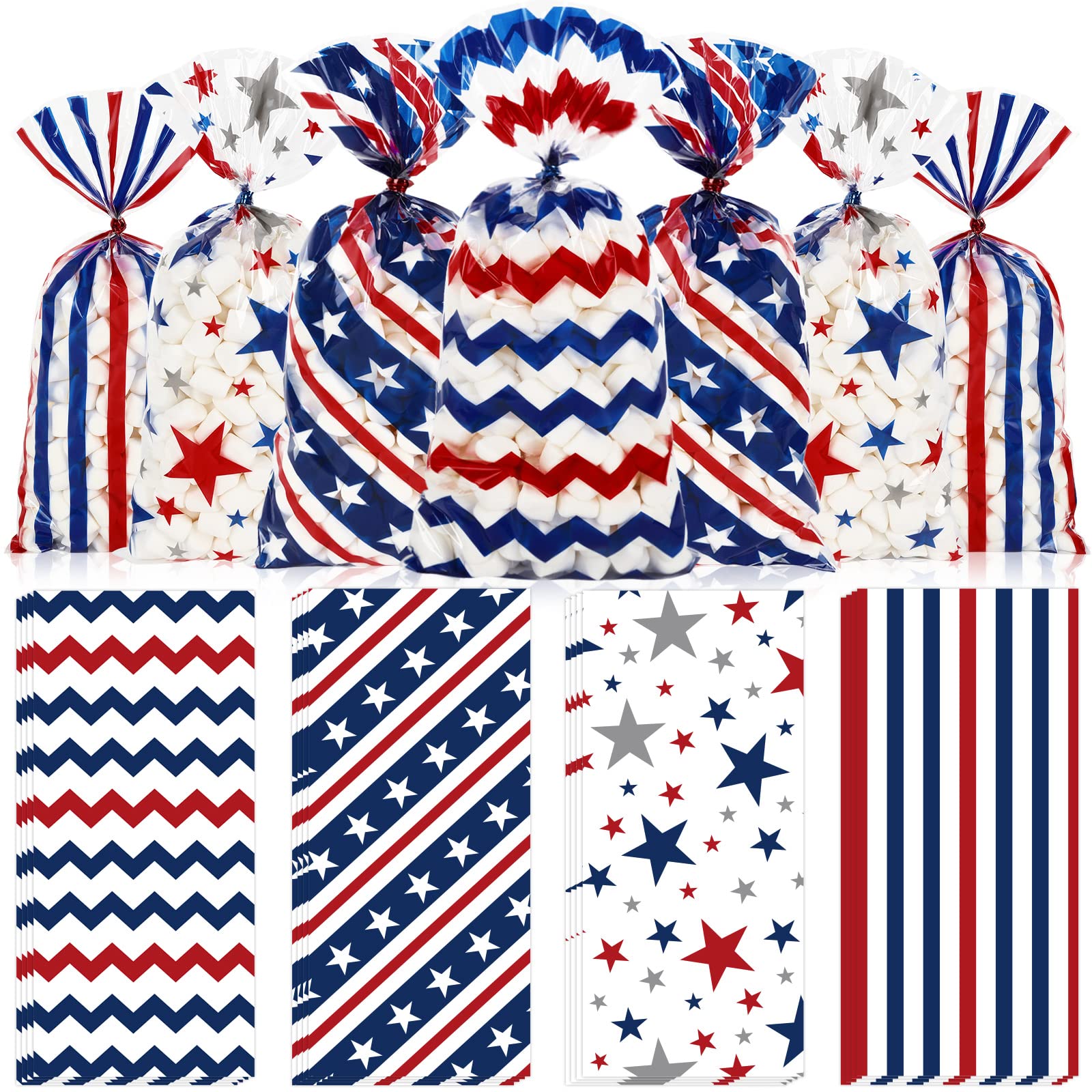 Whaline 160Pcs Patriotic Cellophane Treat Bags Star Wave Stripe Clear Plastic Candy Treat Cello Bags Boys Birthday Party Goodie Gift Bags with Twist Ties for Veterans Memorial Day Party