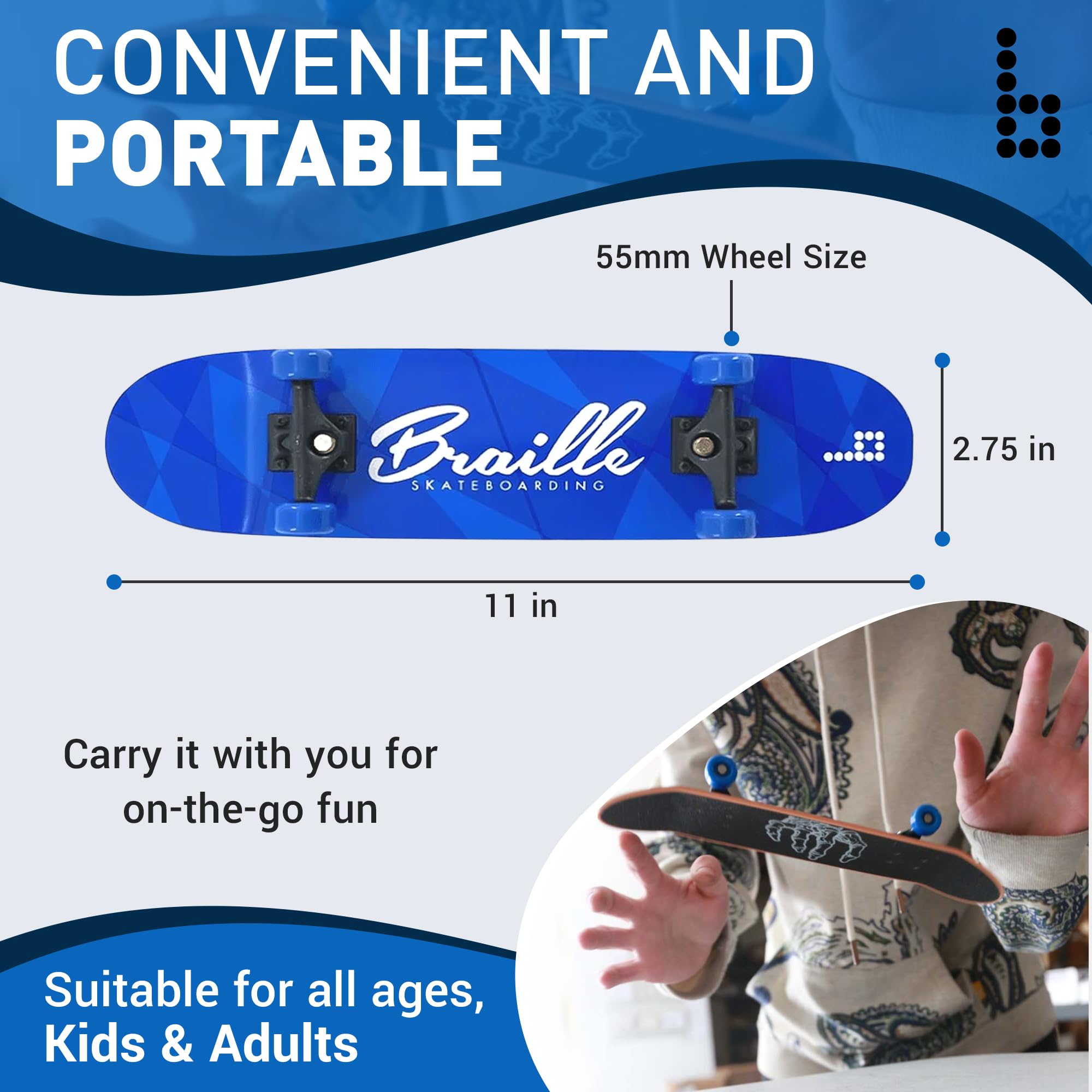 Mini Skateboards for Kids & Adults Braille Skateboarding 11” First Try Pro Fingerboard Hand Skateboard Toy Set, Handboard Finger Board + Real Tools, Deck Grip Tape, Adjustable Hardware, Wheels, Trucks