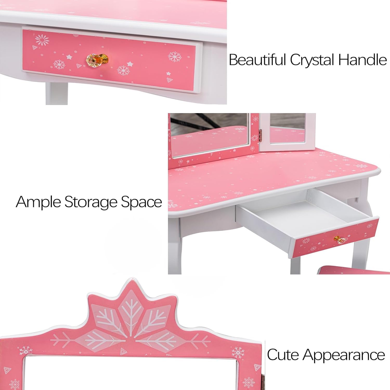 GAOMON Kids Vanity, Girls Vanity Table with Tri-Folding Mirror,Stool & Drawer, 2 in 1 Wooden Princess Makeup Desk Dressing Table, Toddler Vanity,Pretend Play Vanity Set for Kids