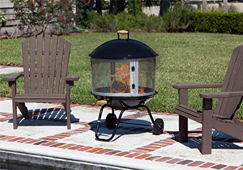 Fire Sense 01471 Fire Pit Bessemer Rolling Patio Fireplace Wooden Bonfire Porcelain Enamel Wood Burning with Wheels & Handle Grip for Outdoor Entertaining - Black & Silver - 28"