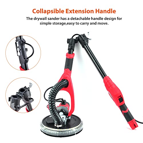 Electric Drywall Sander,750W Popcorn Ceiling Sander with Double-Deck LED Lights,Power Drywall Sander with 6 Variable Speed,1000-2100 RPM,Extendable Aluminum Handle,Long Vacuum Pipe,12 Sanding Papers