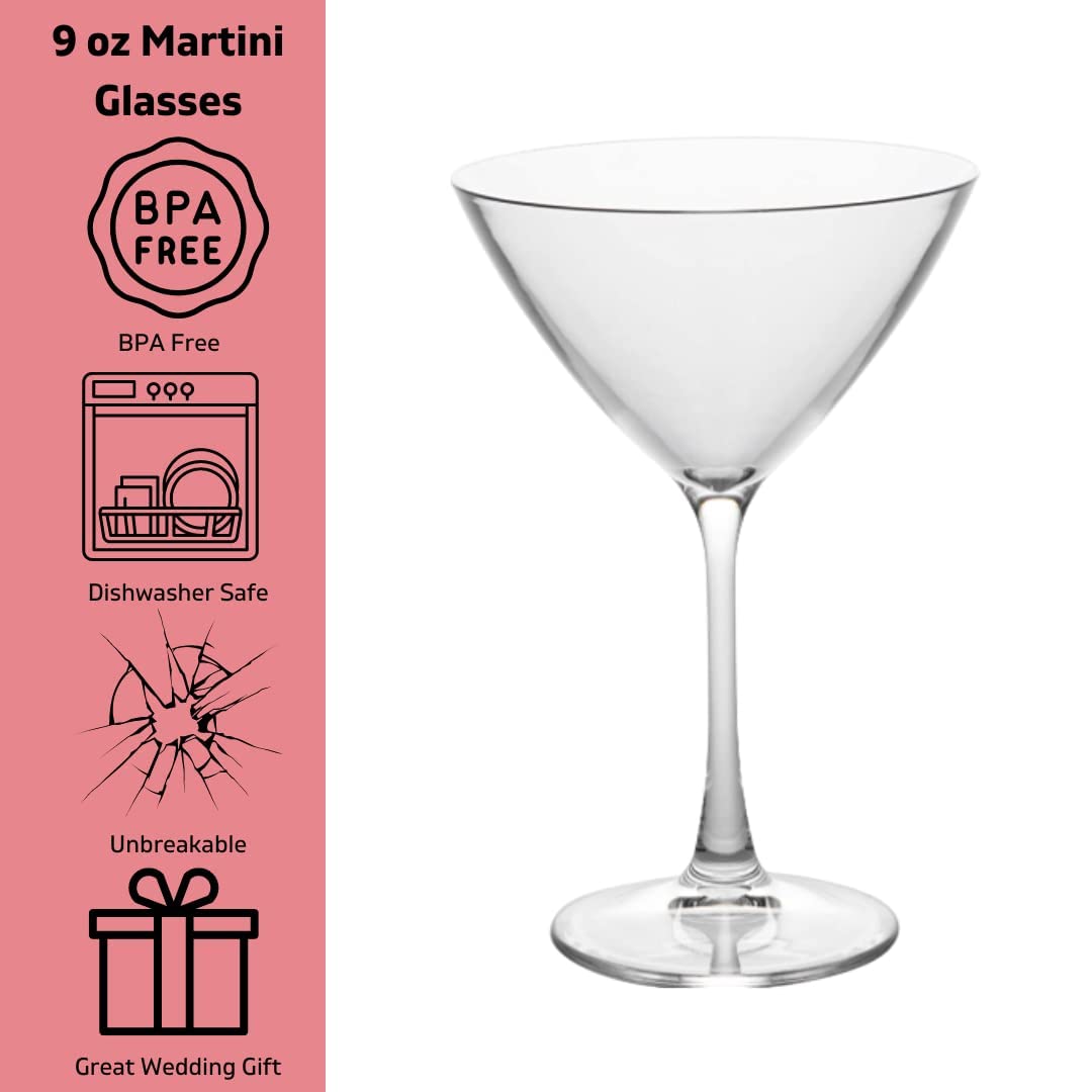 D'Eco Unbreakable 9 oz Stemmed Martini Glasses (Set of 8) - Reusable Shatterproof Espresso & Dirty Martini Glasses - Perfect for Hosting Parties & Entertaining - Mixed Drink & Cocktail Glasses Set