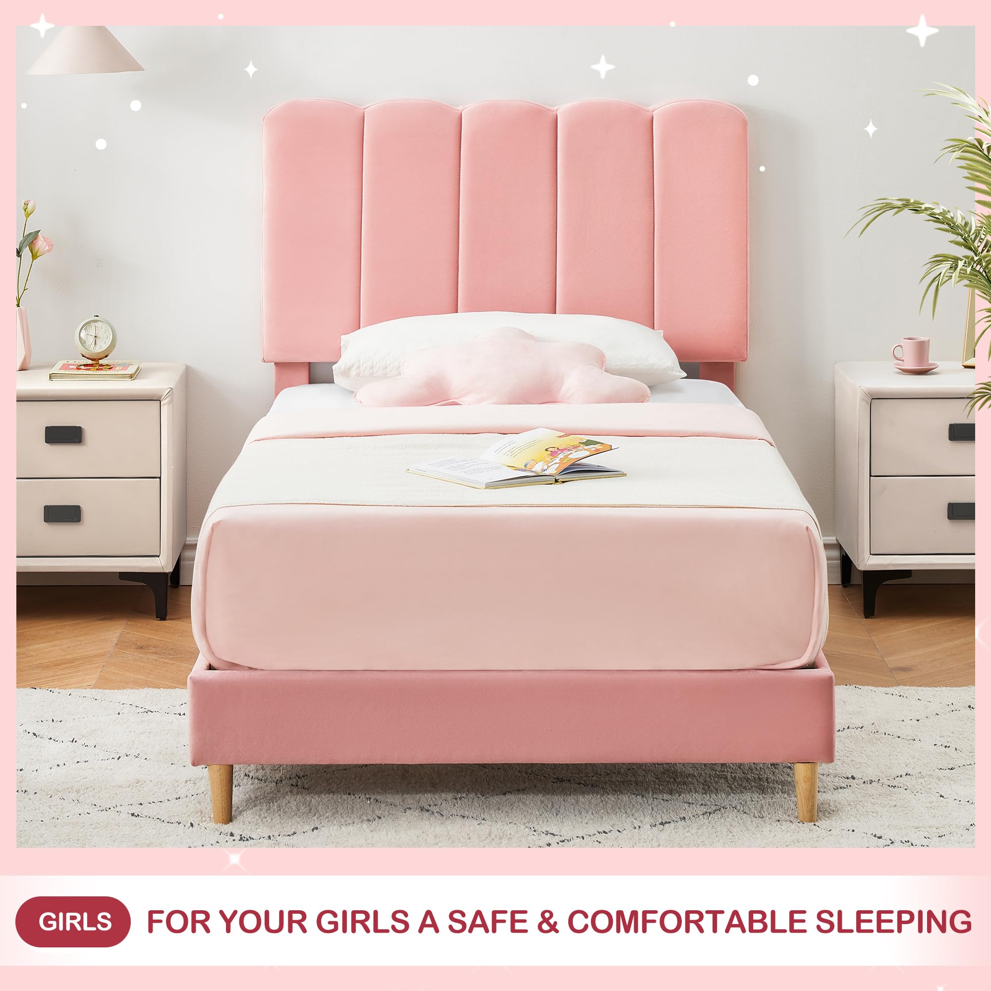 GAOMON Pink Twin Bed Frame, Velvet Upholstered Platform Bed Frame with Headboard, Strong Wooden Slats, Noise-Free,No Box Spring Needed, Easy Assembly (Pink)