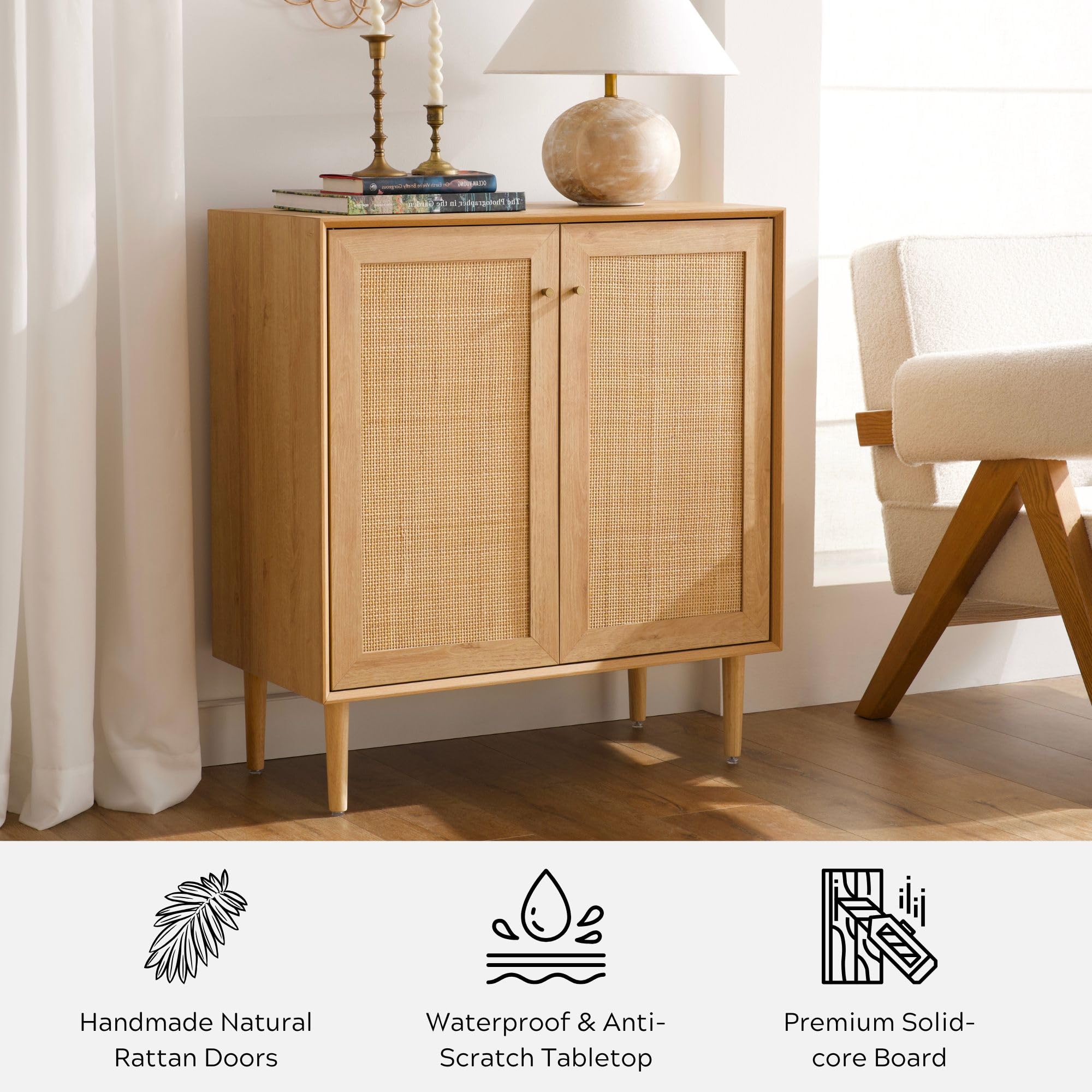 EYYTHUNG Rattan Storage Cabinet Set of 3 Accent Sideboard Cabinet, Boho Buffet Kitchen Bar Cabinet Farmhouse Credenza Cabinet with Adjustable Shelves for Dining Room (Square Doors/Oak)