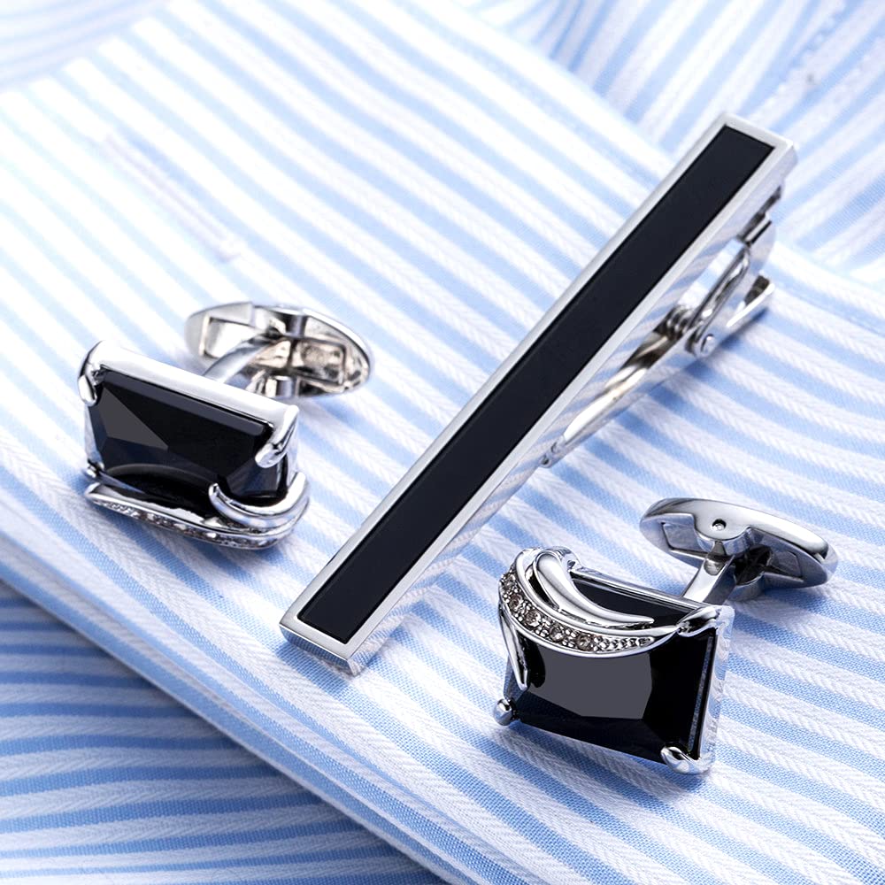 BXLE Black Cufflinks and Tie Clip Set for Men, Opal Gem Stone Cuff Links Cufflink Necktie Bar Clips Stickpin for Wedding Party Groomsmen, Luxury Business Formal Shirt Studs Button Clasp for Father