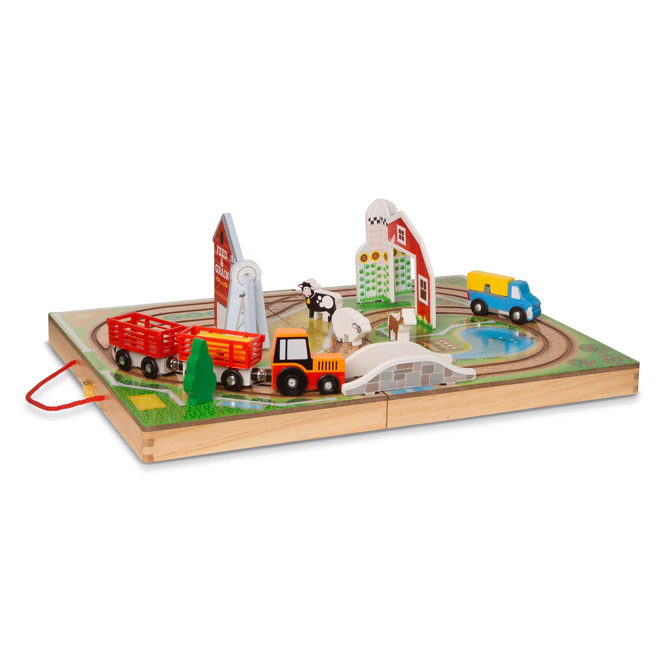 Melissa & Doug 17-Piece Wooden Tabletop Farm Playset With 4 Vehicles, Grain House & Play Pieces - Pretend Barnyard Toy For Toddlers Ages 1+