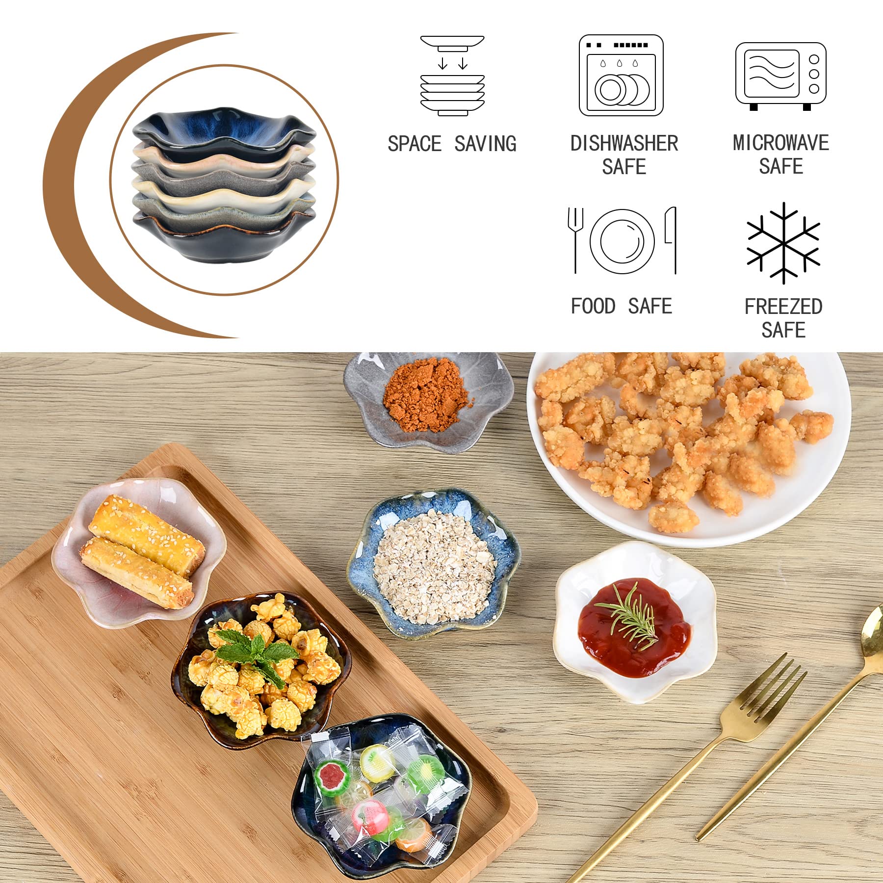 Dipping Bowls Set of 6, Ceramic Soy Sauce Dish, Flower Dipping Sauce Bowls, Pinch Bowls, Special Reactive Glazed Small Condiment Finger Bowls for Dip Sushi Soy Sauce Cup Dish