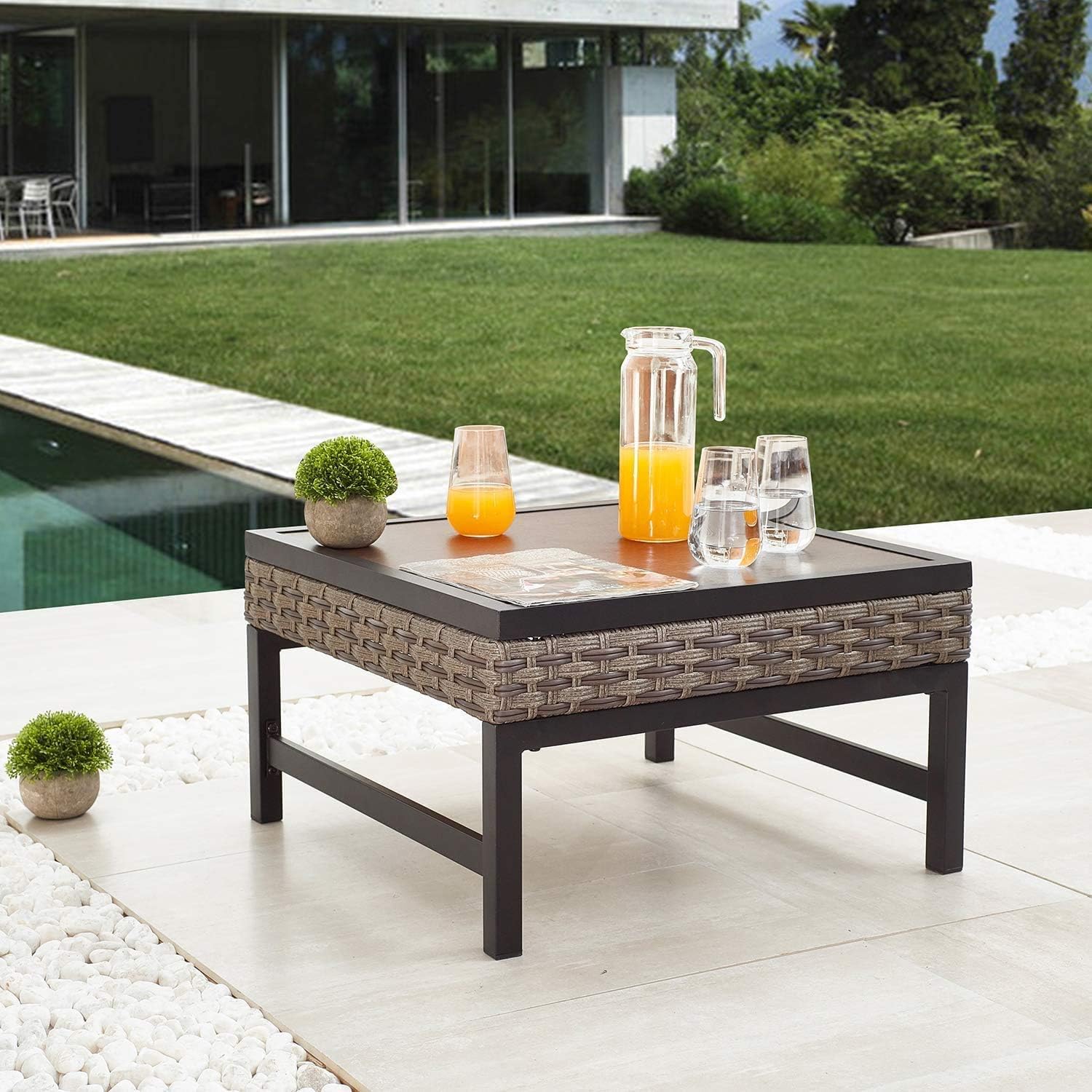 LOKATSE HOME Outdoor Patio Dining Square Bistro Coffee Side Slatted Metal Steel Wicker Frame Aluminum Plastic Plate Furniture End Table for Garden Lawn Poolside, Grey