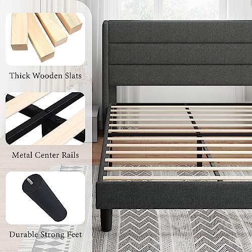 iPormis Full Size Bed Frame with Wingback, Modern Upholstered Platform Bed with 8'' Under-Bed Storage, Fabric Headboard, Wood Slats Support, No Box Spring Needed, Noise-Free, Easy Assembly, Dark Gray