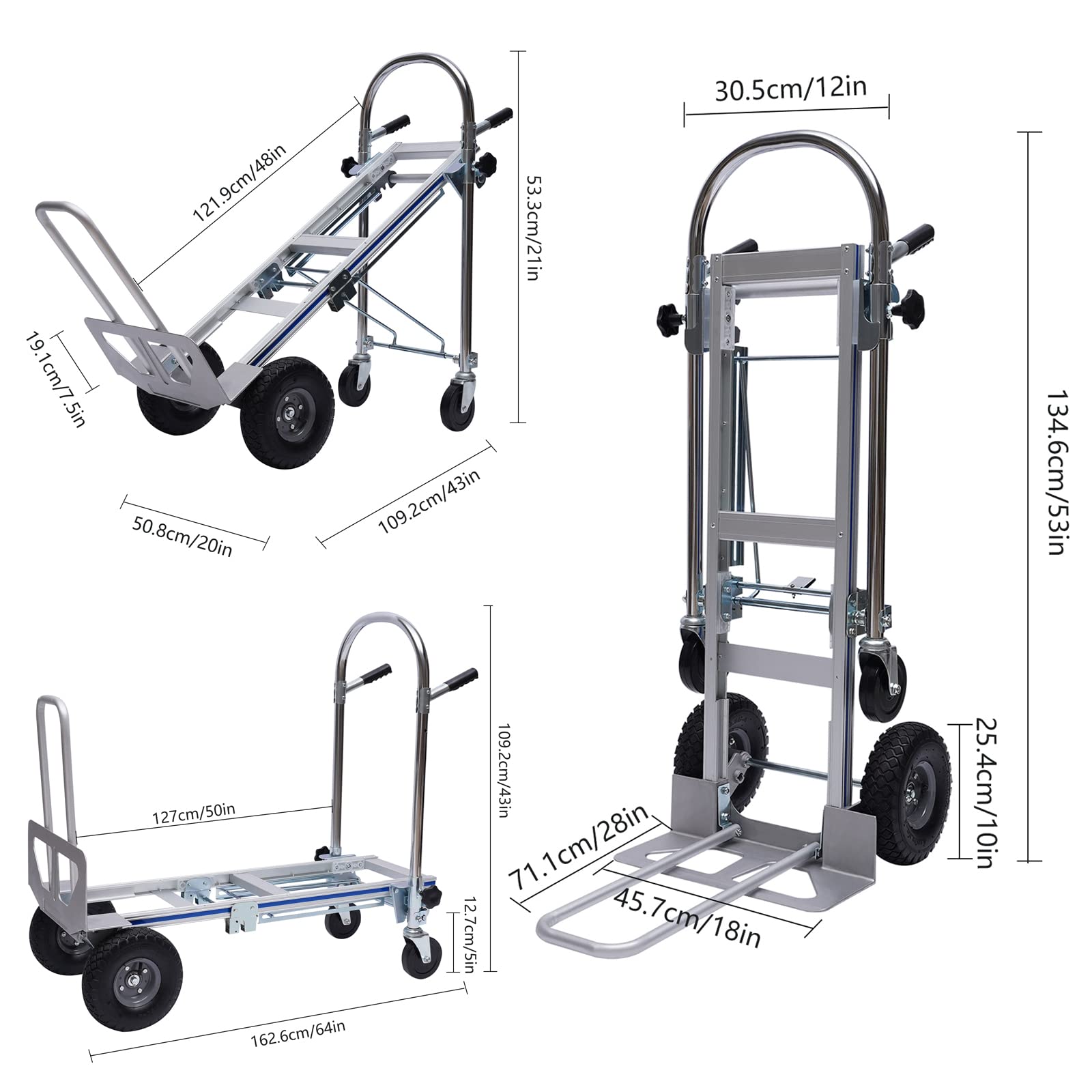 Convertible Hand Truck, 3-in-1 Industrial Aluminum Heavy Duty Dolly Cart, 700 lbs Capacity (3 Positions, 53" High)