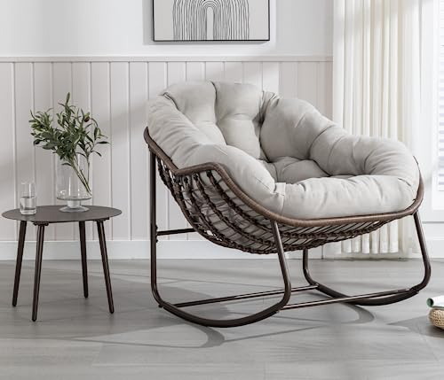 Lin-Utrend Outdoor Patio Rocking Chair,Oversized Egg Rocking Chair,Comfy Wicker Rocker Recliner Chair,Modern Lounge Chair for Living Room Patio,Balcony,Front Porch,Garden(Beige)