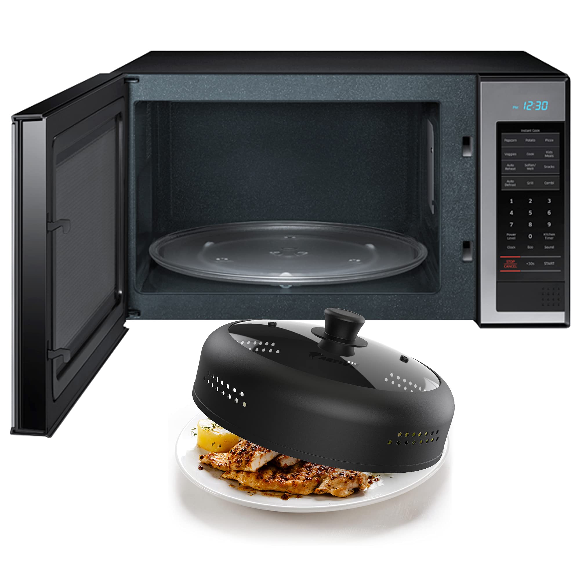 Microwave Cover for Food, Silicone and Glass Splatter Guard Lid for 6–7–8–9-10-10.5 inch Plates & Bowls. By EZY ACTIVE