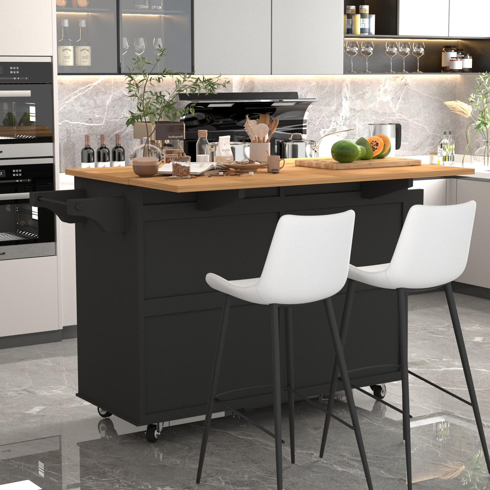 Bvldfamly Kitchen Island with Drop Leaf – Movable Kitchen Carts on Wheels Island with Storage Cabinet and Drawer, Island Table for Kitchen with Spice/Towel Rack, Black