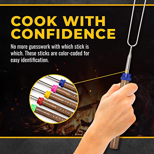 CORQUE Marshmallow Roasting Sticks, Smores Sticks, Extendable, Camping Skewer for Fire Pit, Wooden Handle, 32inch Metal for BBQ Hotdog, Cooking, Campfires, Bonfires, Set of 5