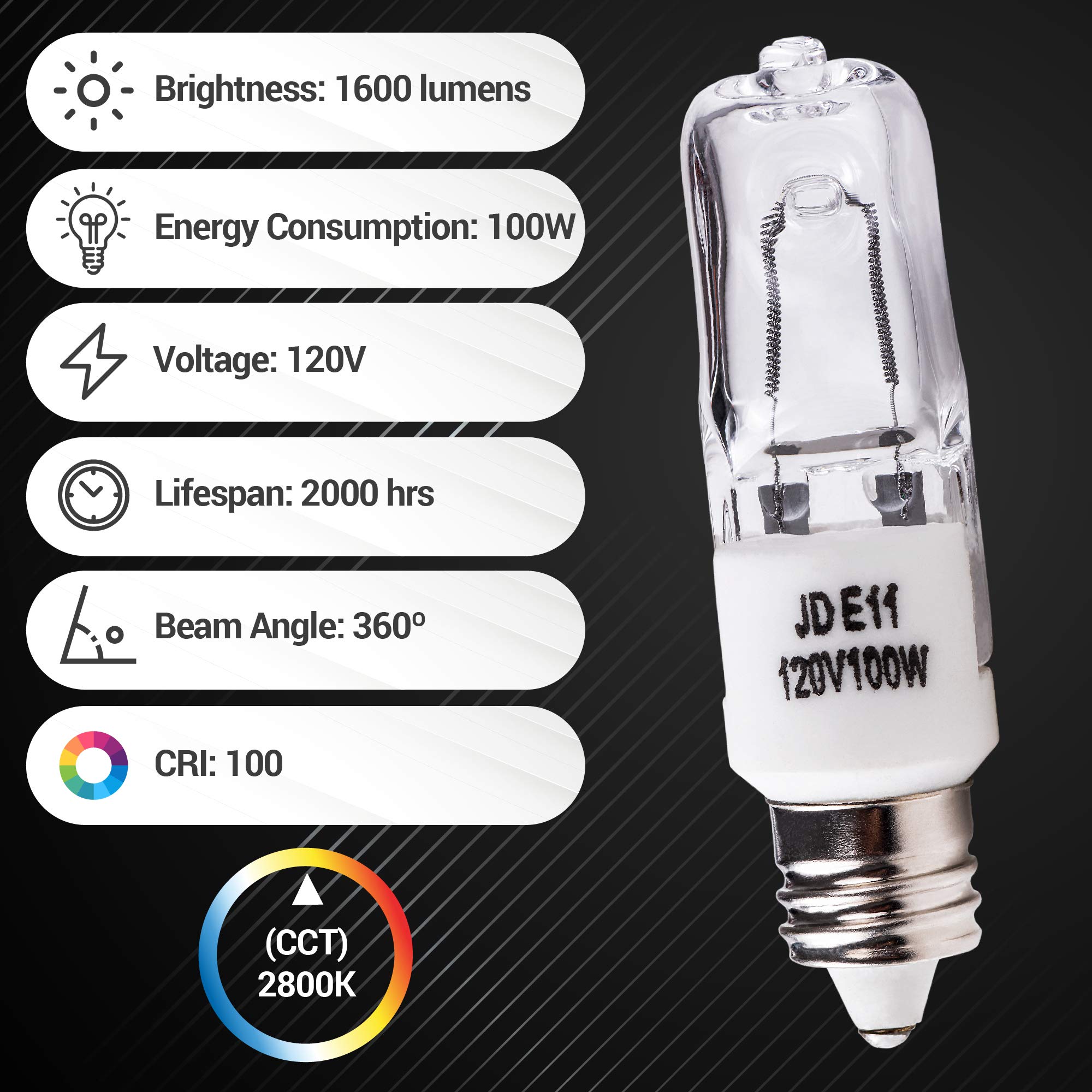 BlueStars Premium JDE11 120V 100W Light Bulbs E11 T4 Halogen 1600lm 2800K Dimmable Warm White Base T4 Mini Candelabra - Pack of 3