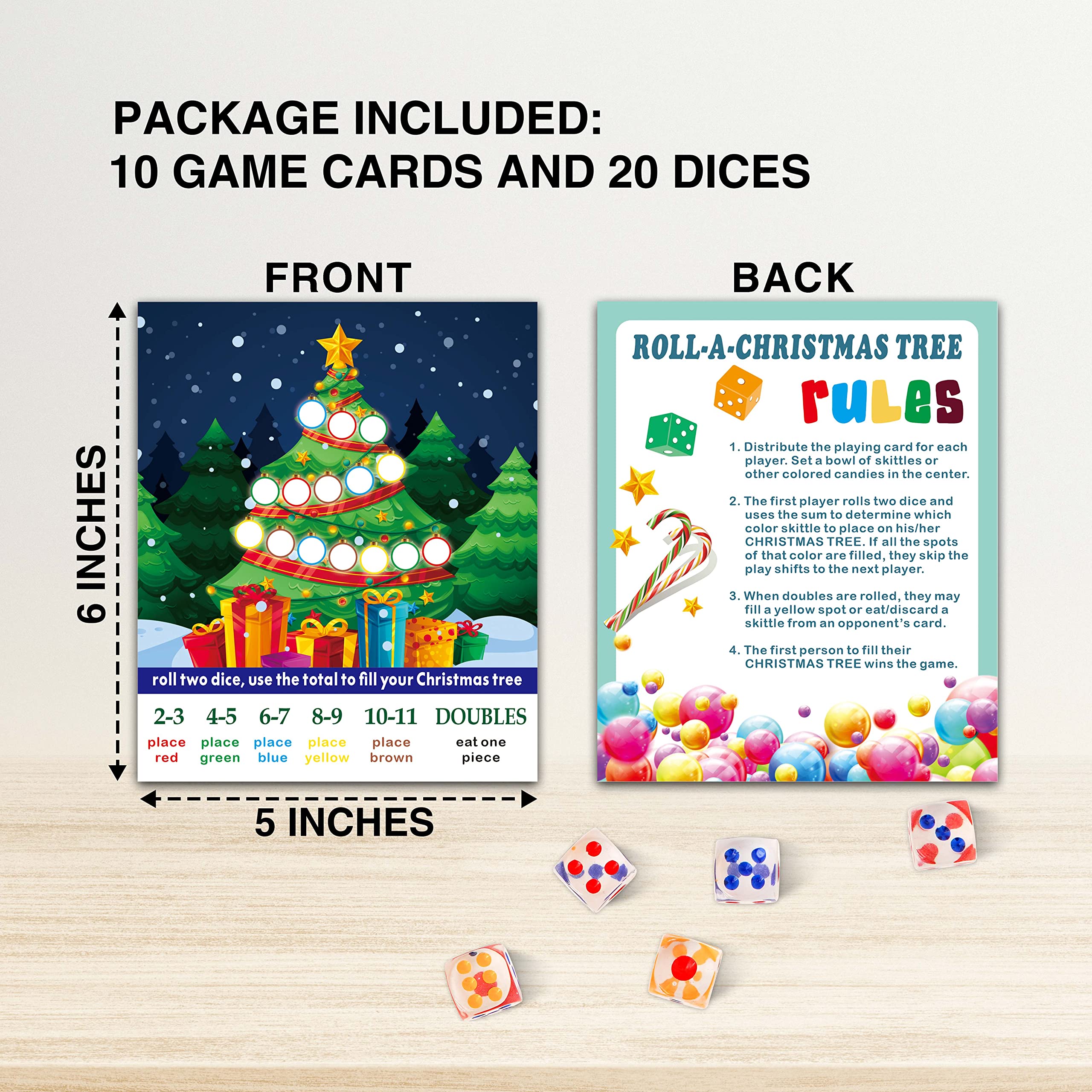 Christmas Party Roll The Dice Game, Kids Table Game, 10 Play Cards 20 Transparent Dices - 5 x 6 inches(MMgame-A005)