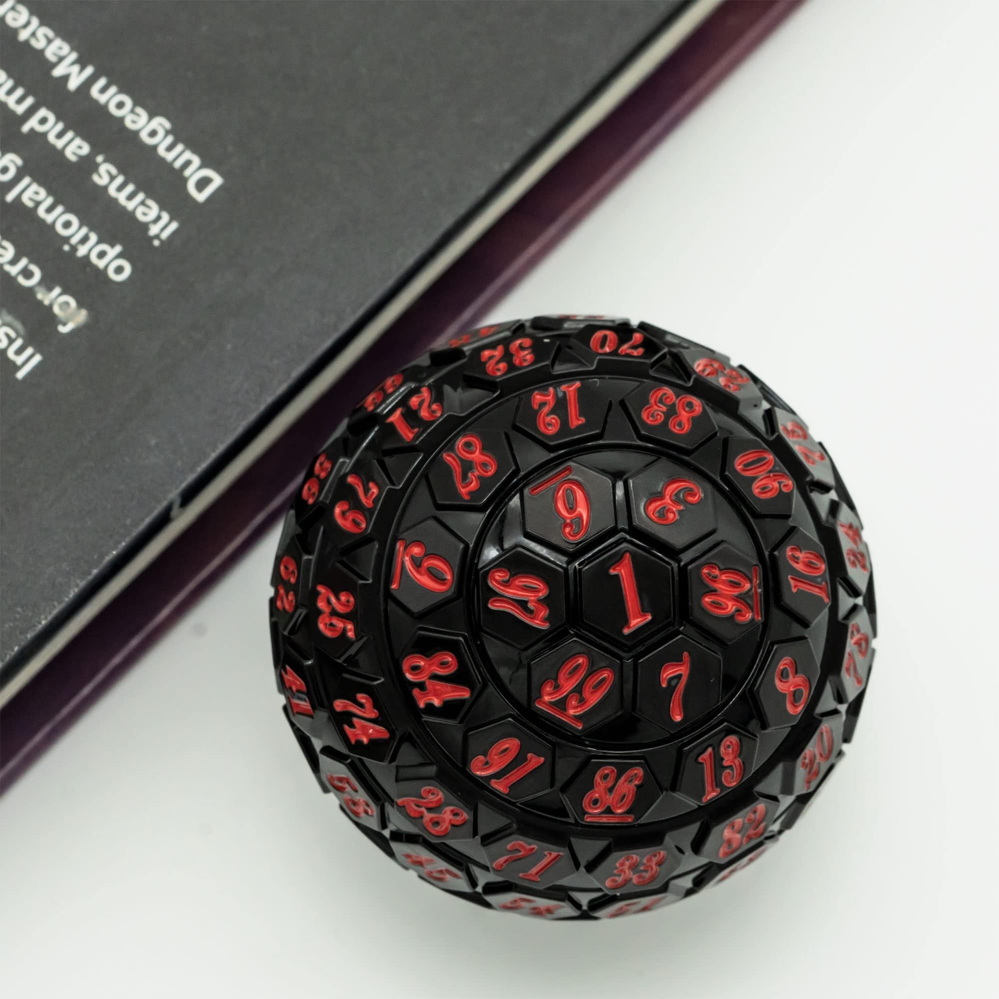 Poludie 100 Sided Polyhedral Dice, Single D100 Game Dice, 100 Sided Cube with Black Pouch, D100 die 48 mm (Black with Red Number)