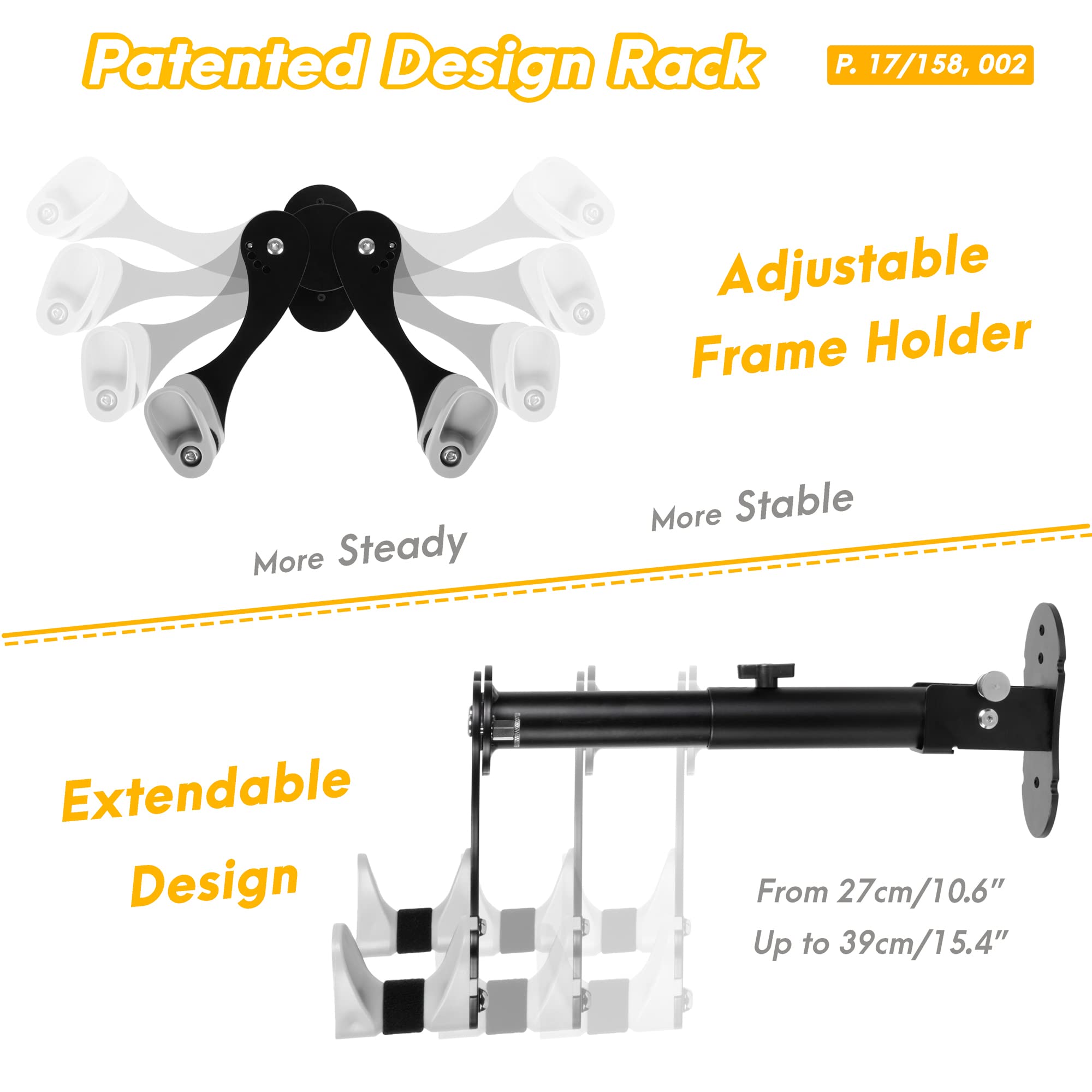 CyclingDeal Bike Wall Mount Rack - Adjustable, Extendable & Foldable - Indoor Storage Horizontal Hook Hanger Organiser - Safe & Secure for MTB, Road Bicycles - Store Bike in Garage or Home - Mat