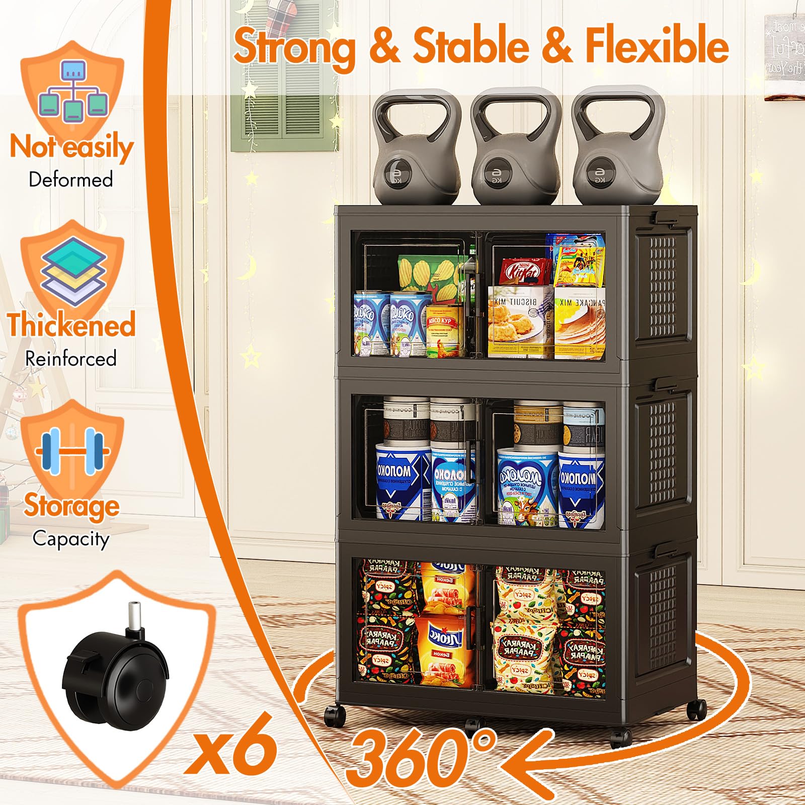 Fangtueh 200GAL Storage Bins with Lid and Wheels, Stackable Closet Organizers and Storage Drawer, Collapsible Storage Box with Dividers, Foldable Plastic Cabinets Cubes Totes for Garage, 5 Pack Black