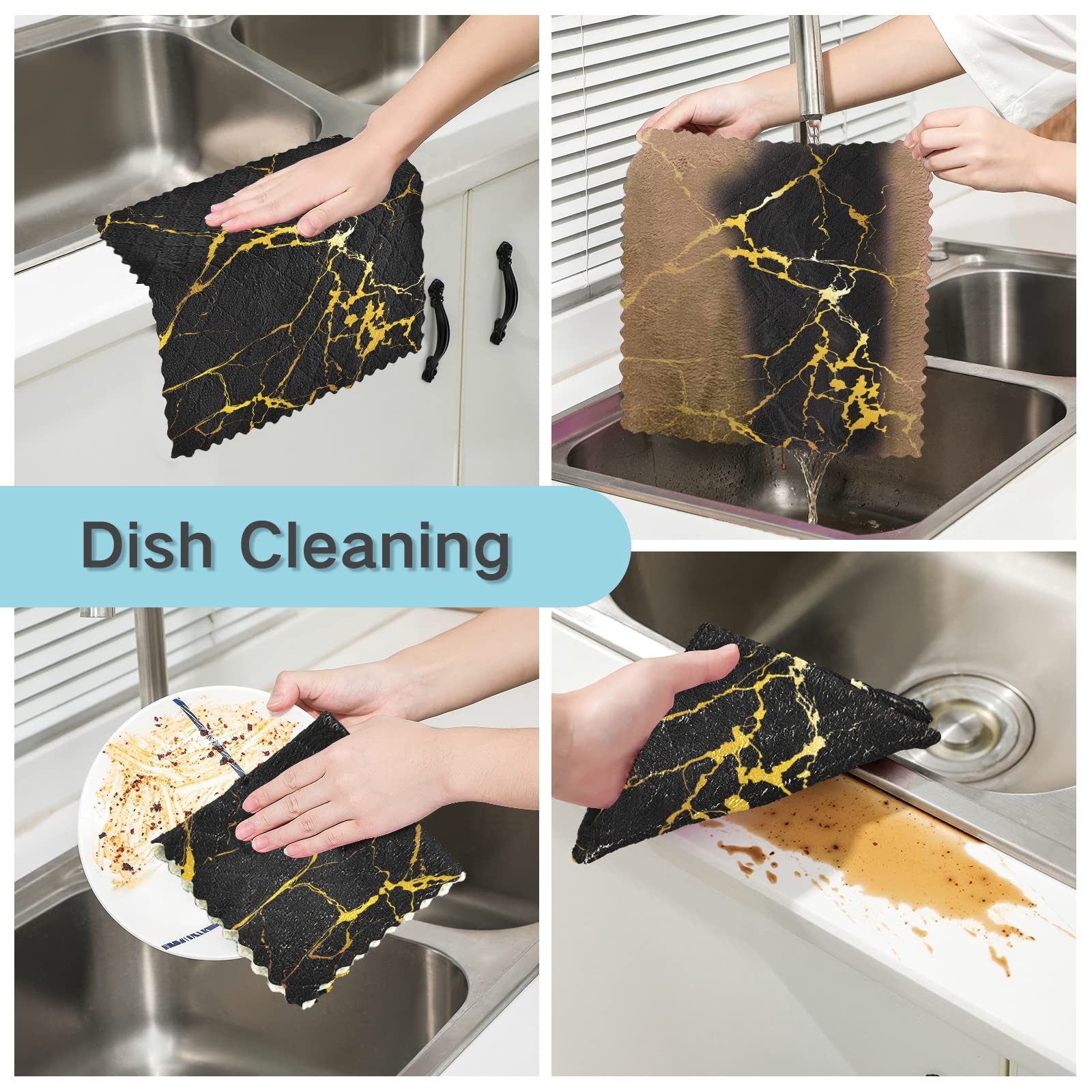 Dish Cloths Dish Towels Kitchen Towels 6 Pack Sets Absorbent Golden Black Mable Soft Decorative Reusable Nonstick Oil Washable