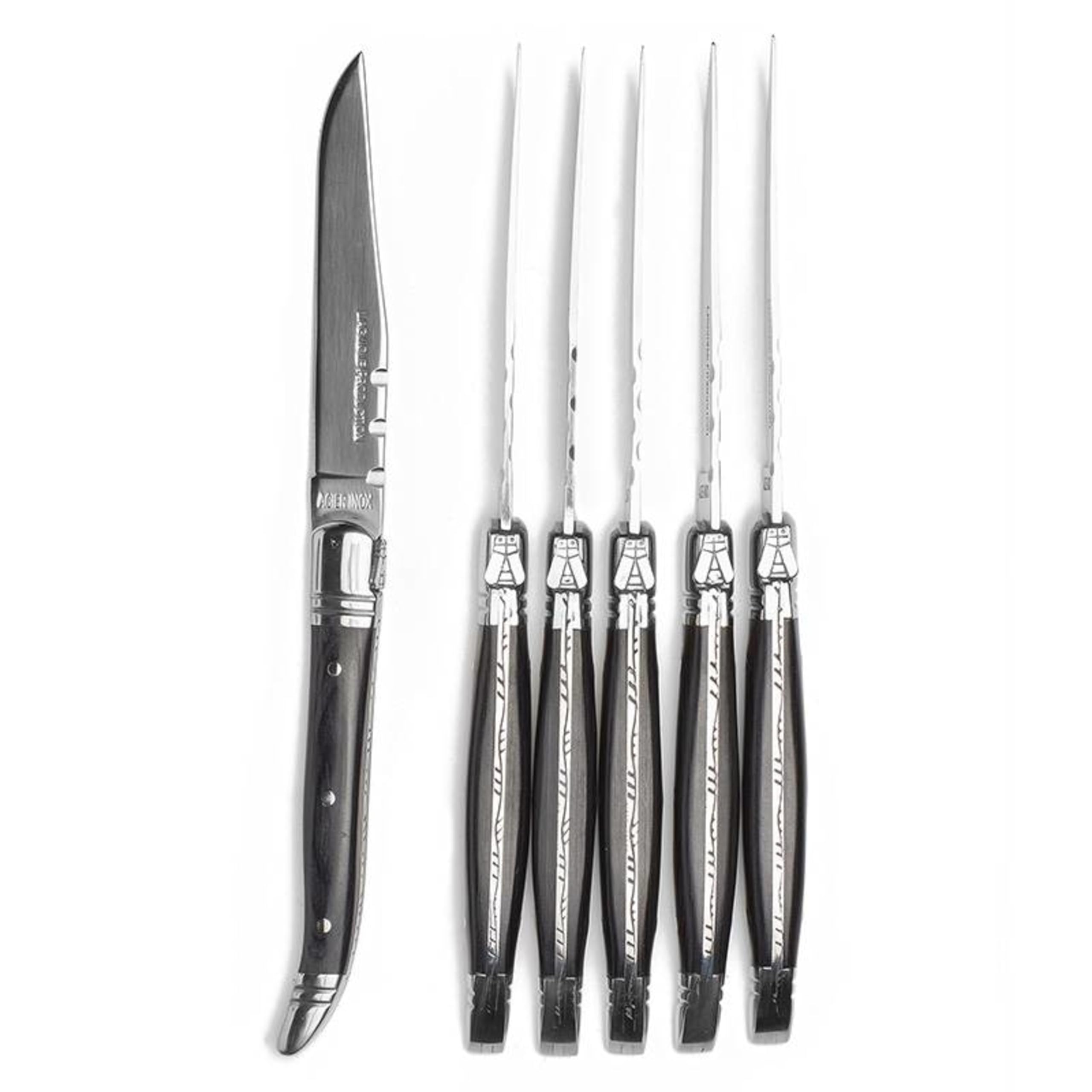 LAGUIOLE HERITAGE Tradition Ultra Sharp Stainless Steel Gourmet Steak Knives Set of 6 | Triple Rivet Knife Cutlery Set, Dark Wood Handle, 4.5 Inch Blade